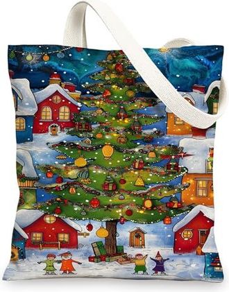 Generic Sacs fourre-tout en toile de Noël, sacs à provisions réutilisables, motif arbre de vacances, scène dhiver colorée, toile légère et lavable F, coloré, 