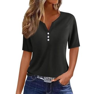 Generic Tee Shirt Femme Col V T-Shirt Manches Courtes Haut Ete Basique Top Elegant avec Bouton