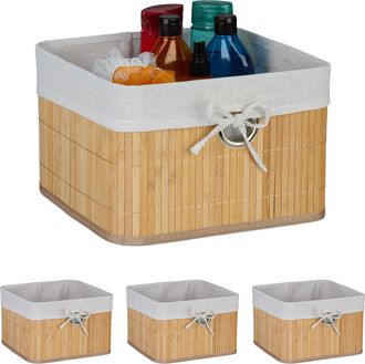 Relaxdays Aufbewahrungskorb 4er Set, Bambus, Stoffeinsatz, HBT: 20x31x31 cm, Körbchen Griffloch, Regalkorb, natur/weiß
