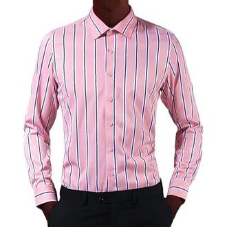Generic Chemise formelle &agrave; manches longues pour homme - Chemise ray&eacute;e contrast&eacute;e boutonn&eacute;e - Col rabattu - Coupe quotidienne - Confortable - Sans repassage - 