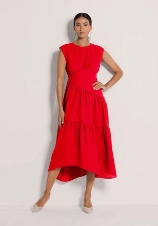 Madeleine Maxikleid Baumwollkleid mit Stufenrock Sommerkleid mit Rundhals, Wadenl&auml;nge und &uuml;berschnittenen Schultern