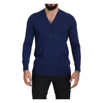 Dolce & Gabbana Blauer Woll V-Ausschnitt Cardigan Pullover - - Knitwear - Herren - Blau - XS