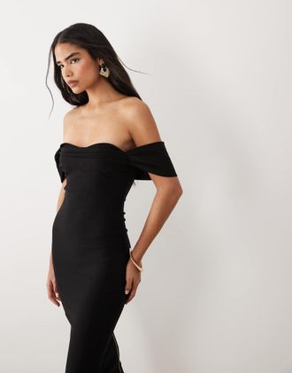 Vesper Robe moulante longueur mollet en bengaline avec encolure bardot et &eacute;paules d&eacute;nud&eacute;es - Noir