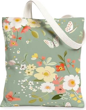 Generic Sacs fourre-tout en toile florale, motif botanique vintage, sacs d&eacute;picerie r&eacute;utilisables, l&eacute;gers et lavables en toile pour Sh, vert, 13x15 Inch