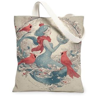 Generic Sacs fourre-tout en toile artistique dhiver, motif vintage oiseau et sir&egrave;ne, sacs d&eacute;picerie r&eacute;utilisables, l&eacute;gers et lavables en toile pour voyage, ex