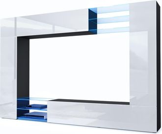 Vladon Wohnwand Mirage, Made in Germany, Anbauwand mit R&uuml;ckwand mit 2 T&uuml;ren, 2 Klappen und 6 offenen Glasablagen, Schwarz matt/Wei&szlig; Hochglanz, inkl. LED-Bele