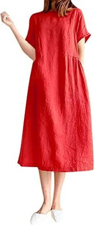 Generic Robe amincissante &agrave; manches courtes et col rond pour femme - Couleur unie - Coupe ajust&eacute;e, Rouge, 4XL