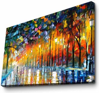 Hanah Home Hanah Home - Tableau d&eacute;coratif Ambiance brumeuse dans le parc 70x100 cm - Toile de daim 100% - Cadre en bois 3 cm - OEuvre de Leonid Afremov