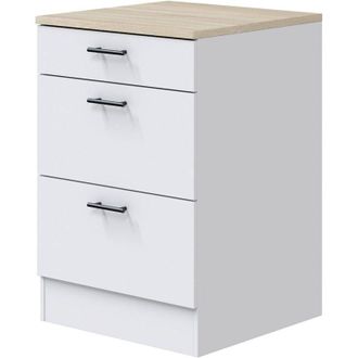 Dmora Kommode 3 Schubladen Cuggiono, K&uuml;chenkommode, Aufbewahrungsmodul mit Schubladen, Basis mit ausziehbaren Schubladen, 60x60 h90 cm, Wei&szlig; und Eiche