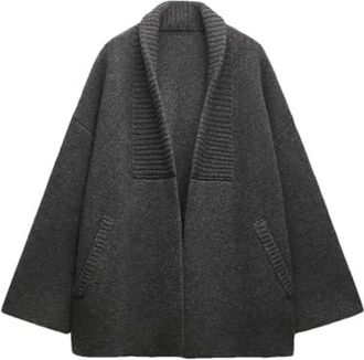 Generic Manteau court en laine &agrave; revers avec poche et manches longues, veste &agrave; manches longues, couleur unie, veste r&eacute;tro d&eacute;contract&eacute;e, Gris fonc&eacute; 9., M