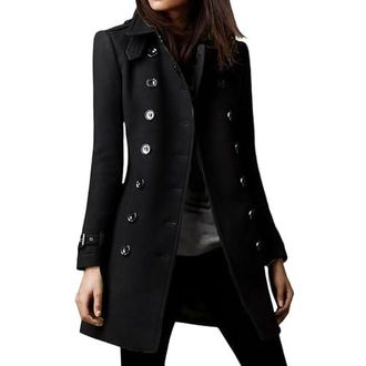 Generic Caban dhiver mi-long pour femme, crois&eacute;, col crant&eacute;, &eacute;l&eacute;gant et chaud, noir, taille S