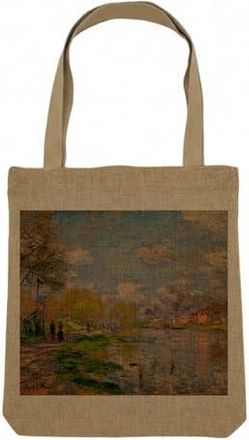 Fabulous Sac Shopping Tote Bag Aspect Lin - Monet Printemps sur la Seine Peinture Impressionnisme France - Sac de Courses Toile Epaisse 360g Beige Naturel Caba