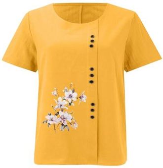 Generic Haut ample d&eacute;contract&eacute; &agrave; manches courtes et col rond en lin pour femme, chemisier d&eacute;t&eacute; &agrave; motif floral pour la plage, les vacances et les voyages, jaun