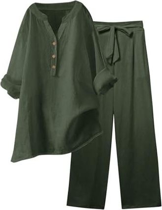 Generico Ensemble dété pour femme, large, confortable, combinaison de lin, deux pièces, décontractée, chemise + pantalon à jambe large, baggy complet, respiran