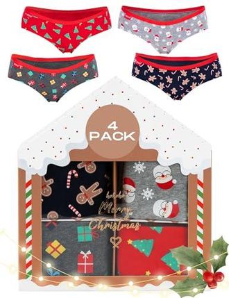 Soxo Noel Culotte Femme Coton Slip Idee Sac Cadeau Lingerie Noël Cadeaux 4 Pack Hipster S 4 Pièces