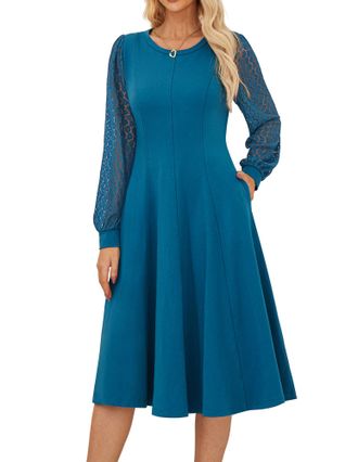 Grace Karin Damen Rundhals Formelle Kleider Elegant Abendkleider Winterkleid Festliches Kleid Casual Langarm Businesskleid für Hochzeit Petrolblau XXL