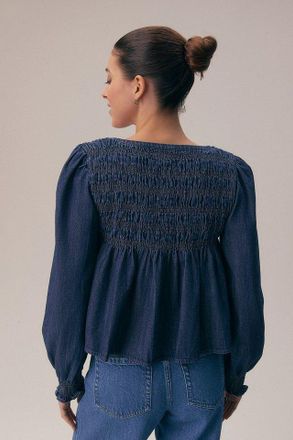 Next Langarmbluse Lang&auml;rmelige geraffte Bluse, Kurzgr&ouml;&szlig;e (1-tlg)