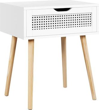 Yaheetech Nachttisch Rattan Beistelltish mit 1 Schublade Holzbeine Nachtschrank Nachtkommode Moderner Nachtk&auml;stchen f&uuml;r Wohnzimmer/Schlafzimmer, Wei&szlig;