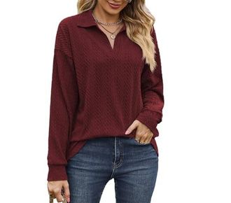 Generic Pull &agrave; revers tendance pour femme - Col en V - Ample et confortable - Pour lhiver - Chemises de sport, Rouge-a, XXL