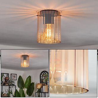 HOFSTEIN Deckenleuchte Vireda, 1-flammige Deckenlampe aus Metall/Riffelglas in Schwarz/Bernsteinfarben, moderne Leuchte im Retro/Vintage-Design (Schirm &Oslash; 18cm)