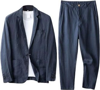 Generic Costumes en Lin 2 pi&egrave;ces pour Hommes Slim Fit Casual Beach Ensembles de Mariage mari&eacute;s mari&eacute;s en Lin Blazer Pantalons Costume