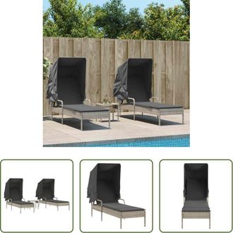 vidaXL Sonnenliege mit Dach - Sonnenliegen 2 Stk. mit Dach und Tisch Hellgrau Poly Rattan