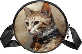 Generic Sac &agrave; bandouli&egrave;re rond pour femme, motif chat vintage, petit sac &agrave; bandouli&egrave;re avec fermeture &eacute;clair, bretelles r&eacute;glables, sac &agrave; main rond d&eacute;contract&eacute;