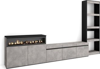 Skraut Home Wohnwand Wohnzimmer, Wohnzimmerm&ouml;bel, M&ouml;belset, 310x186x35cm, F&uuml;r TV-Ger&auml;te bis zu 65, Elektrokamin., Moderner Stil, Zementgrau - Skraut Home