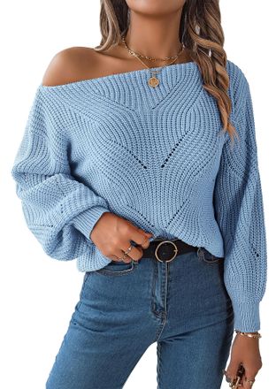 Feoya Schulterfrei Strickpullover Damen Locker Grobstrick Sweater mit Fledermaus&auml;rme Casual Knit One Shoulder Pullover Pulli Top Herbst Winter Blau S