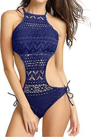 Generic Bikini Femme 1 Pieces Gainant Ventre Plat Costume Strappy Bandge Hollow Bikini One Out Bain Solide Swimwears Tankinis Set (Dark Blue, L)