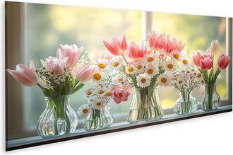 Islandburner Bild auf Leinwand Tulpen und Gänseblümchen in Vasen auf Einer Fensterbank Bilder Wandbilder Poster