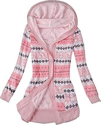 Generic 2026 Vestes &agrave; capuche pour femmes, manteau tricot&eacute; &eacute;pais imprim&eacute;, boutonn&eacute;, grande taille, manteau dext&eacute;rieur mi-long, rose, XXL