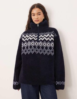 Asos Polaire imitation peau de mouton à demi-fermeture éclair avec motif en maille Fair Isle - Marine-Bleu marine