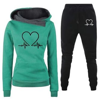 Generic Ensemble de survêtement à manches longues pour femme avec imprimé battements de coeur en polaire, sweat à capuche et pantalon de jogging coupe ajustée