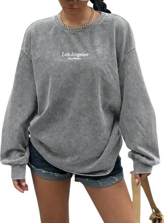 SOLY HUX Damen Sweatshirt Vintage Lockere Langarm Shirt Rundhals Grafik Pullover Casual Oberteile Herbst Winter Pulli Outfit Hellgrau XS