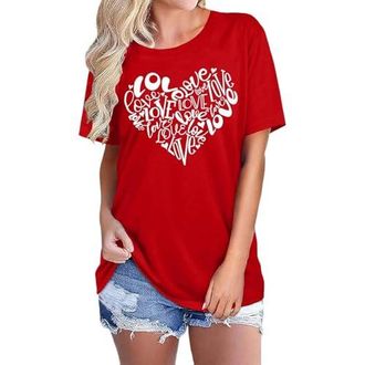 Generic T-shirt d&eacute;contract&eacute; &agrave; manches courtes pour femme avec imprim&eacute; coeur pour la Saint-Valentin 2026 (3), Rouge, 3XL