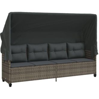 vidaXL Sonnenliege mit Dach und Kissen Grau Poly Rattan - Vidaxl