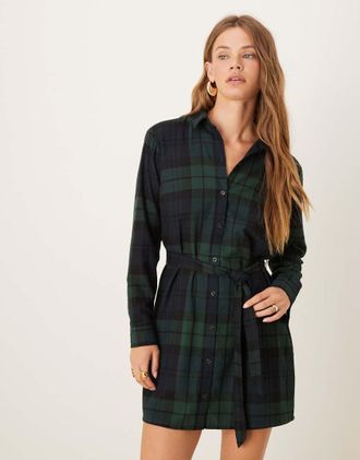 Abercrombie & Fitch Robe courte à carreaux avec taille cintrée et manches longues et amples - Bleu marine