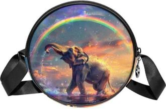 Generic Sac &agrave; bandouli&egrave;re rond pour femme, motif &eacute;l&eacute;phant, arc-en-ciel, avec fermeture &eacute;clair, bretelles r&eacute;glables, sac &agrave; main rond d&eacute;contract&eacute; pour femmes et