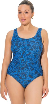 Ulla Popken Damen gro&szlig;e Gr&ouml;&szlig;en &Uuml;bergr&ouml;&szlig;en Plus Size Badeanzug, Meeresmotive, Rundhals, ohne Softcups asphaltblau 46+ 846238743-46+