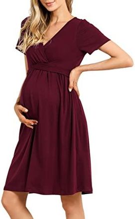 KOJOOIN Robe de maternité à col en V pour Femme Robe de maternité plissée décontractée,Vin Rouge (Manches Courtes),XXL