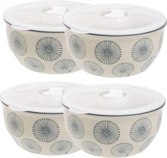 Tranquillo 4er Set Schüssel Art Deco handgestempelt aus Steinzeug, Silikondeckel, stilvolle und praktische Aufbewahrung für Lebensmittel grau, 13 cm