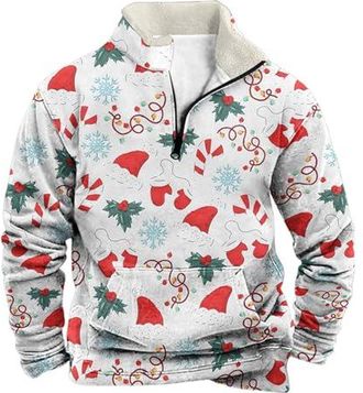 Generic Sweats à capuche à manches longues pour homme - Imprimé de Noël en 3D - Col zippé - Manches longues, blanc, XXL