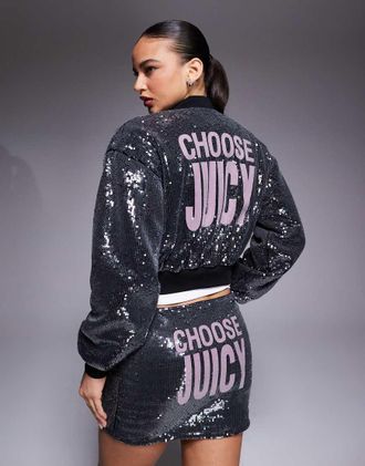 Juicy Couture Bomberjacke in Schwarz mit durchgehendem Reißverschluss, Paillettenbesatz und Logo