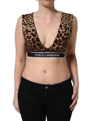 Dolce & Gabbana Womens Brown Leopard Print Cropped Silk Tank Top Elastane