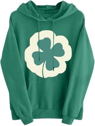 Generic Sweats &agrave; capuche pour femme, pull pour femme, pull &agrave; cordon de serrage avec poches et capuche, hauts &agrave; manches longues, motif coeurs, tr&egrave;fle imprim&eacute;, 