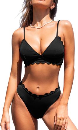 Cupshe Damen-Bikini-Badeanzug, gewellter V-Ausschnitt, Schn&uuml;rung, niedrige Taille, Stern schwarz, Medium