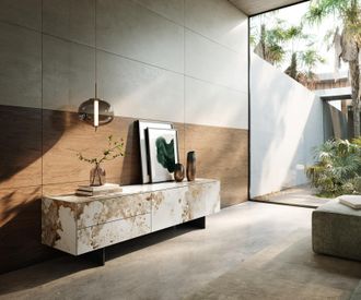 DELIFE Lowboard Cuor 180 cm Keramik Minas Melange Wei&szlig;-Beige 1 Klappe 2 Schubf&auml;cher Fu&szlig; Schwebeoptik Metall Schwarz, Lowboards