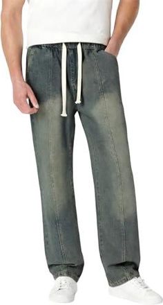Generic Pantalon de jogging en jean noir pour homme avec coutures contrastées, coupe régulière confortable et taille élastique pour un look décontracté et déc