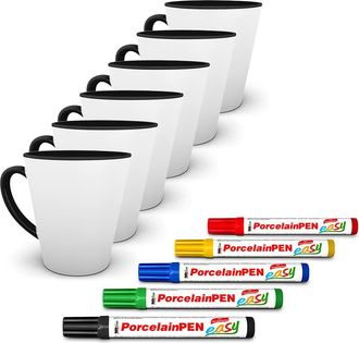 Tassendruck Bastel-Tassen ohne Druck zum Bemalen aus Hochwertiger Keramik Einzeln oder im Set/Mug/Cup/Becher/Pott Konische Tasse Innen & Henkel Schwarz 6er Set mi